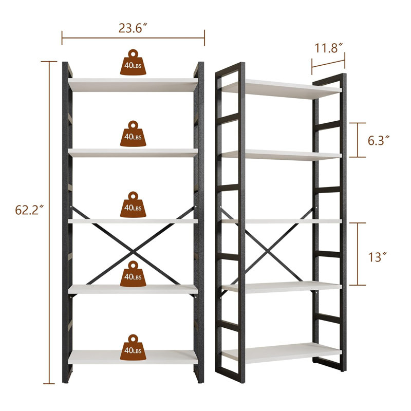 17 Stories 5 Tiers Bookshelf, Classically Tall Bookcase Shelf,Industrial Book Rack | Wayfair